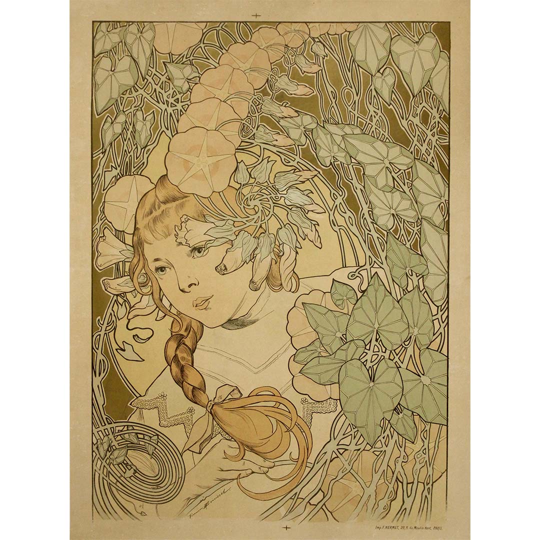 Jeune fille à la tresse dans un décor de feuillages Circa 1900 ...